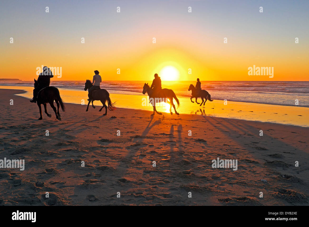 Horse riding on the beach at sunset Stock Photo - Alamy
