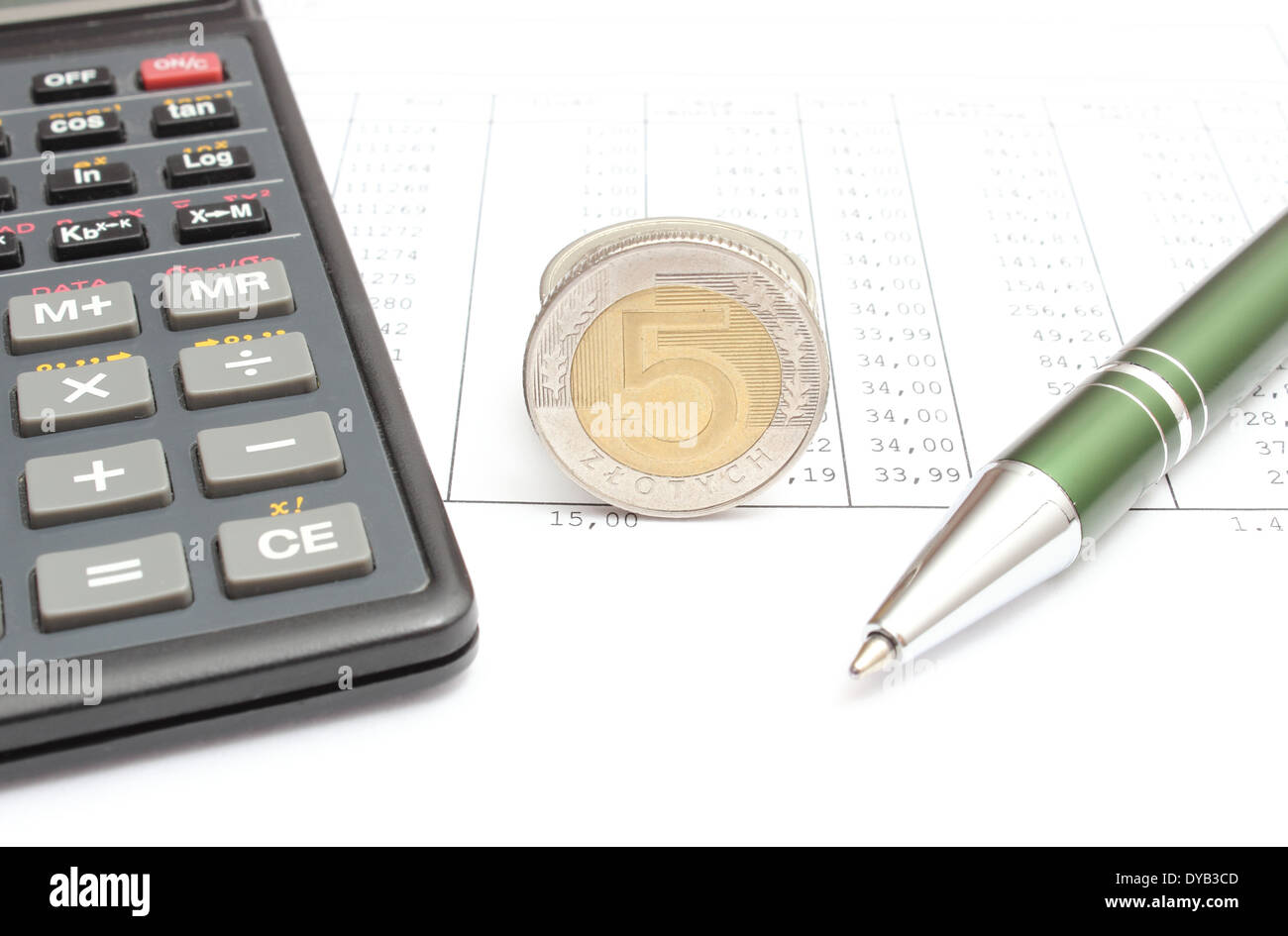Closeup of coins, pen and calculator lying on spreadsheet, financial ...