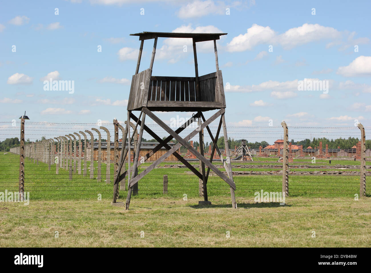 Watch Tower in the concentration camp Auschwitz Birkenau, Oświęcim, the ...