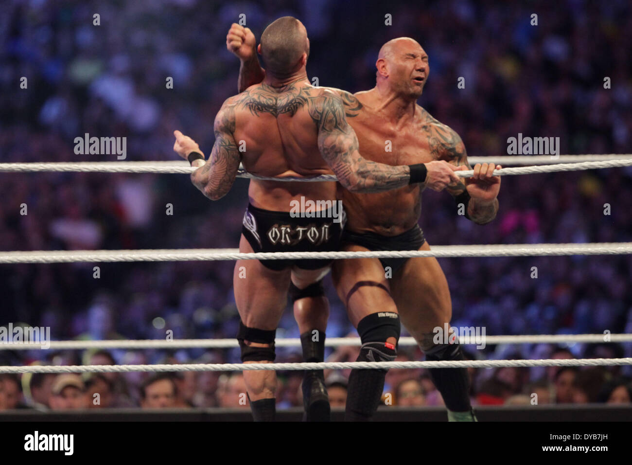 New Orleans, Louisiana, USA. 6th Apr, 2014. BATISTA clotheslines RANDY ...