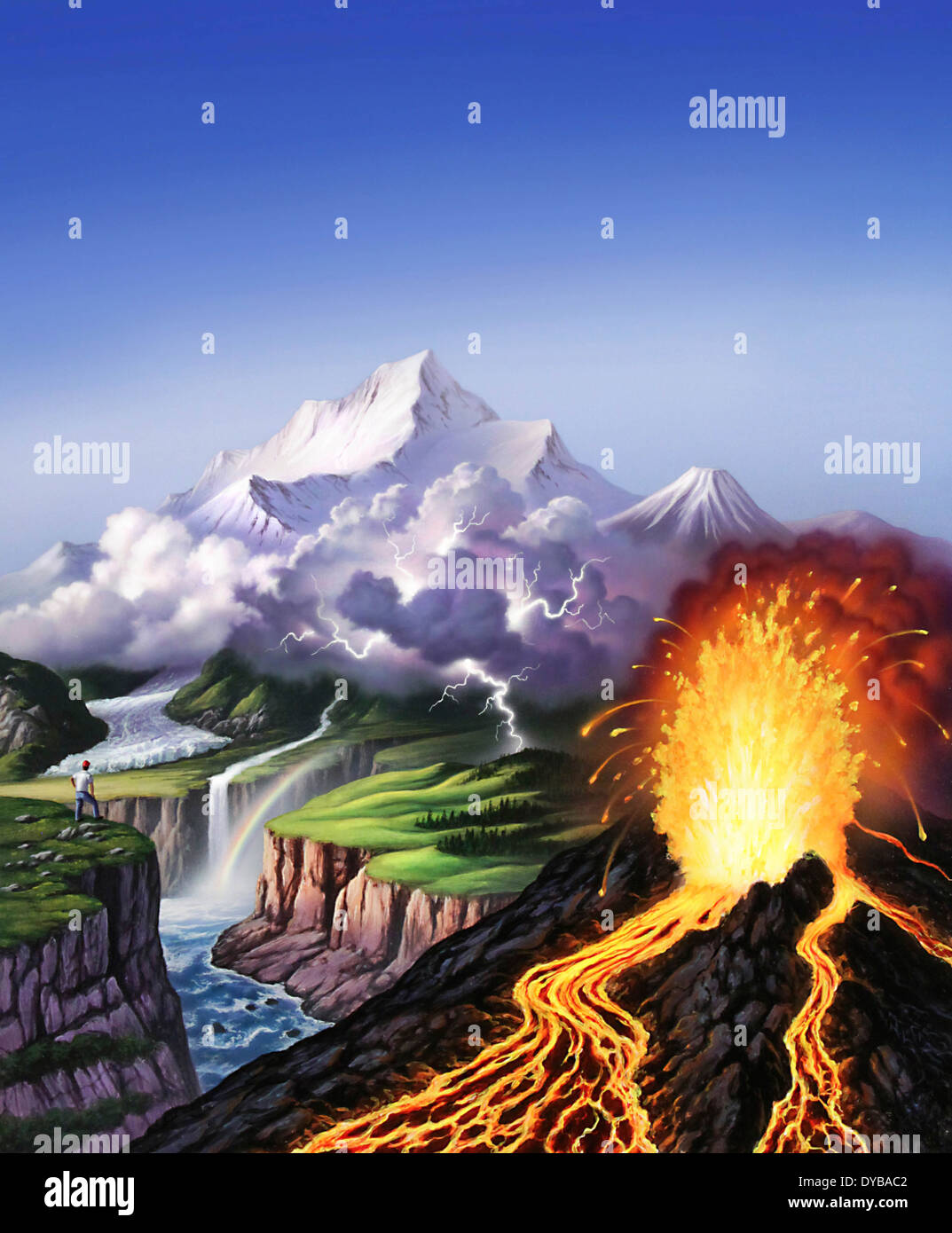 A montage of some of Earth's features including a volcano, river, storm ...