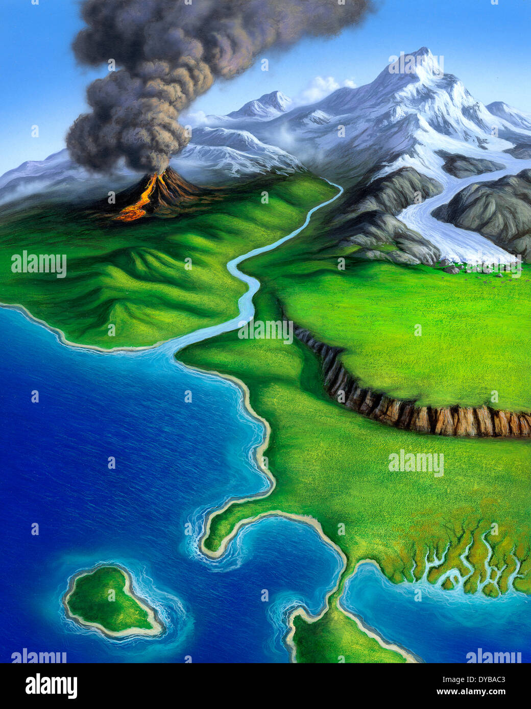 A montage of some of Earth's features including a volcano, river, storm ...