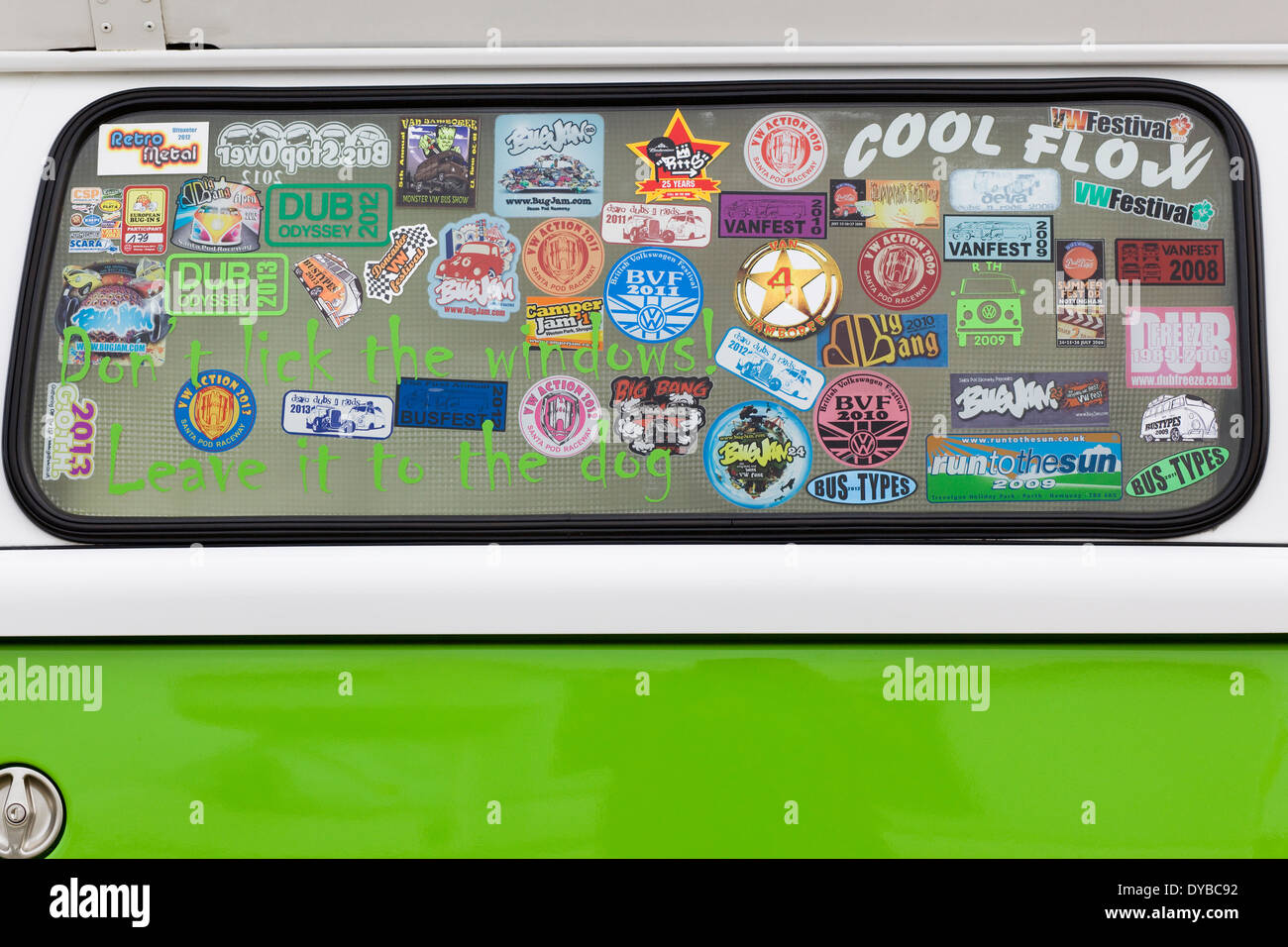 Window stickers on a V W Camper Van at the Big Bang Show Santa Pod ...