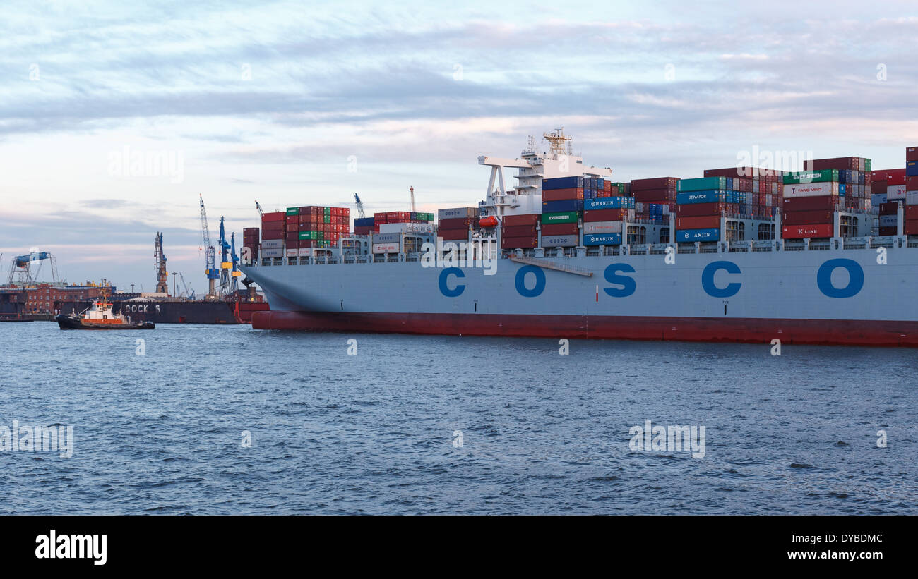 COSCO container ship arrives at the harbor of Hamburg, Germany on March ...