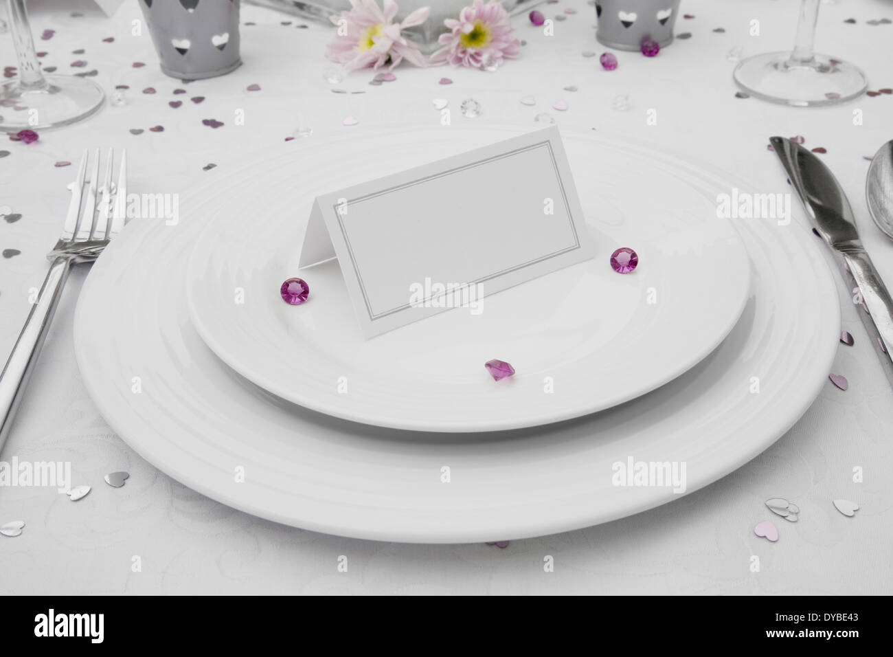 Wedding Table display with a blank place card on bone china plates ...