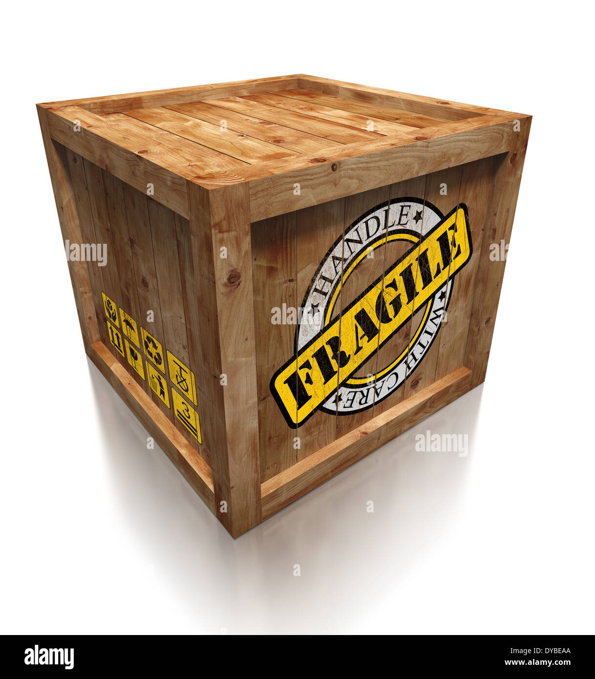 wooden box crate with grunge fragile symbol on white background ...