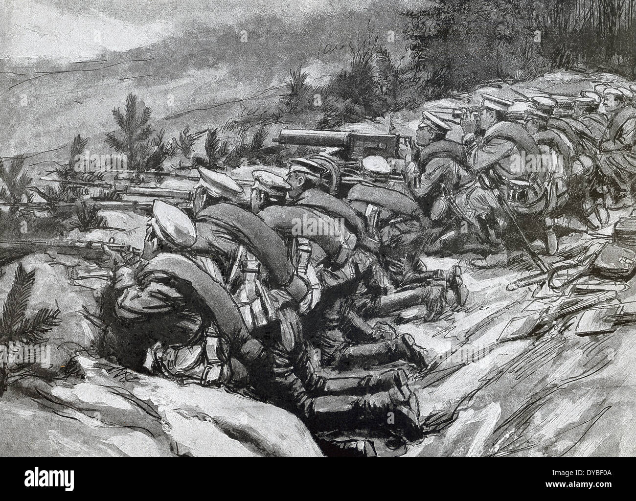 This contemporary illustration shows Russian soldiers in trenches ...