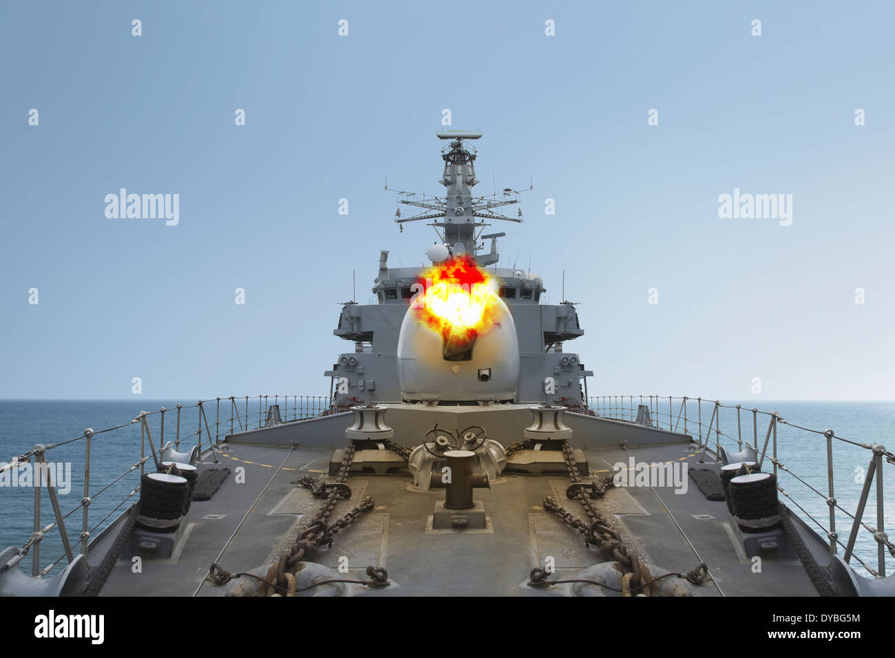 digitally enhanced,,Royal navy 4.5 inch MK 8 Gun firing Stock Photo - Alamy
