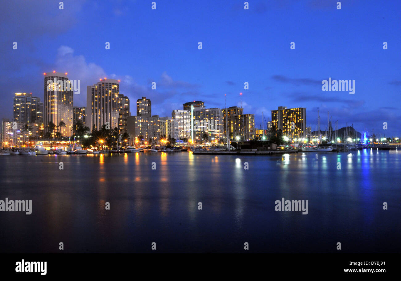 Waikiki skyline by night, Oahu, Hawaii, USA Stock Photo - Alamy