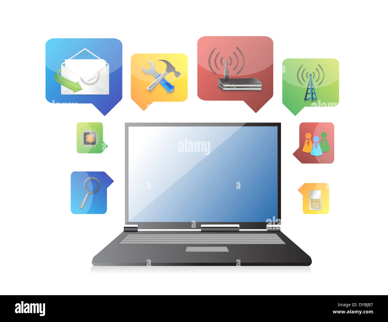 laptop and the symbols of its functions on a white background Stock ...