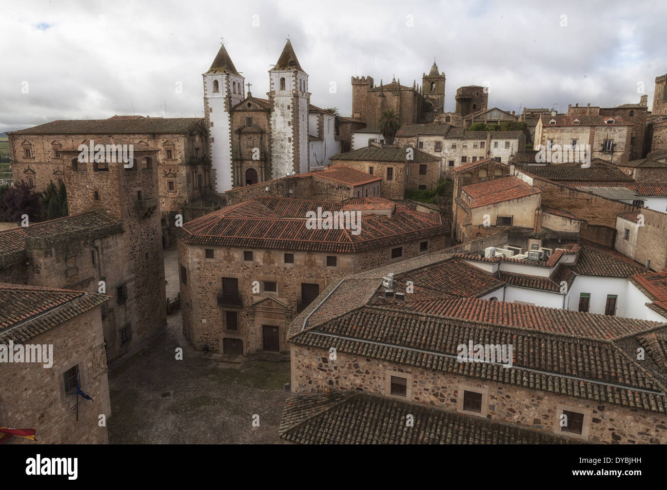 Old Town, Caceres Spain, the two white towers of the Iglesia de San ...