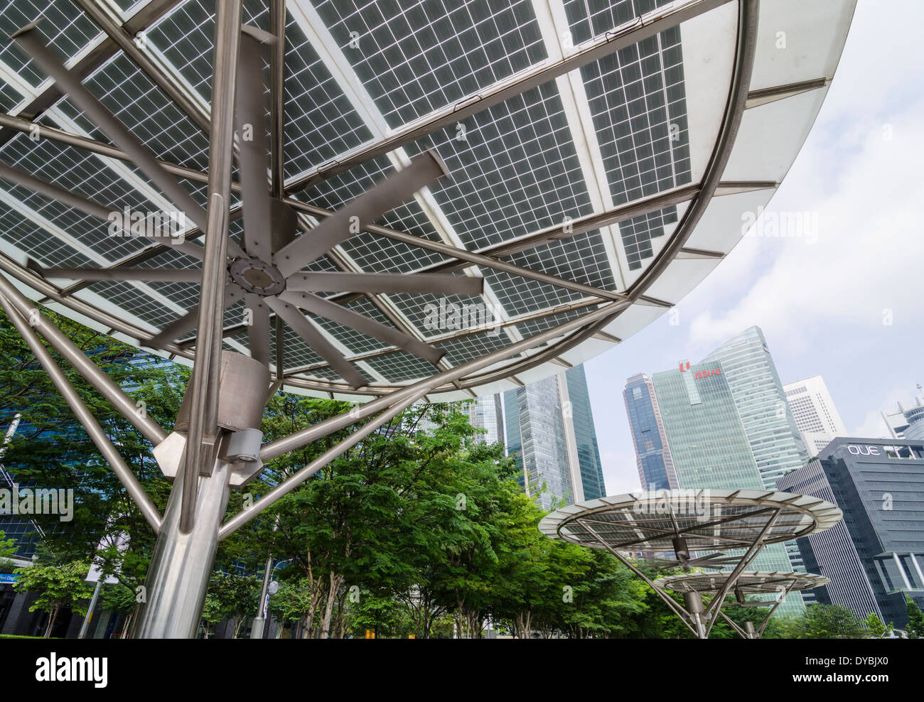 Large shaded solar power cooling fans on the pedestrian promenade ...