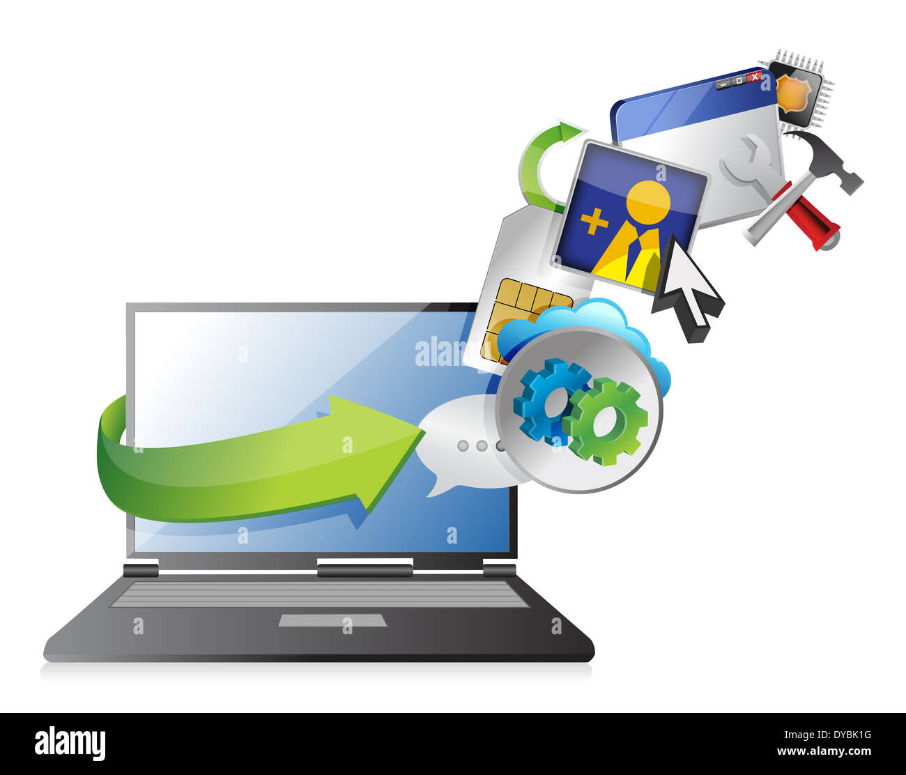 laptop and colorful application icons isolated on white background ...