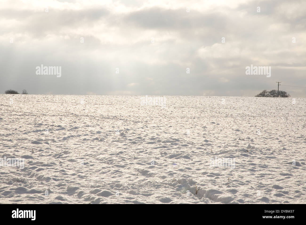 winter snow scene showing a snow covered field with the sun rays ...