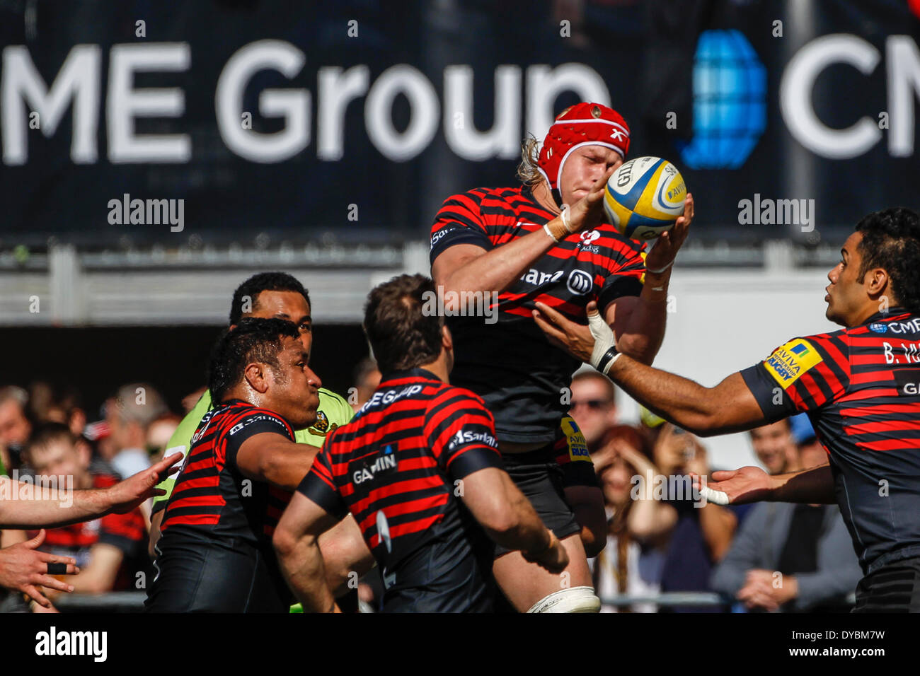 London, UK. 13th Apr, 2014. Mouritz BOTHA of Saracens wins a high ball ...