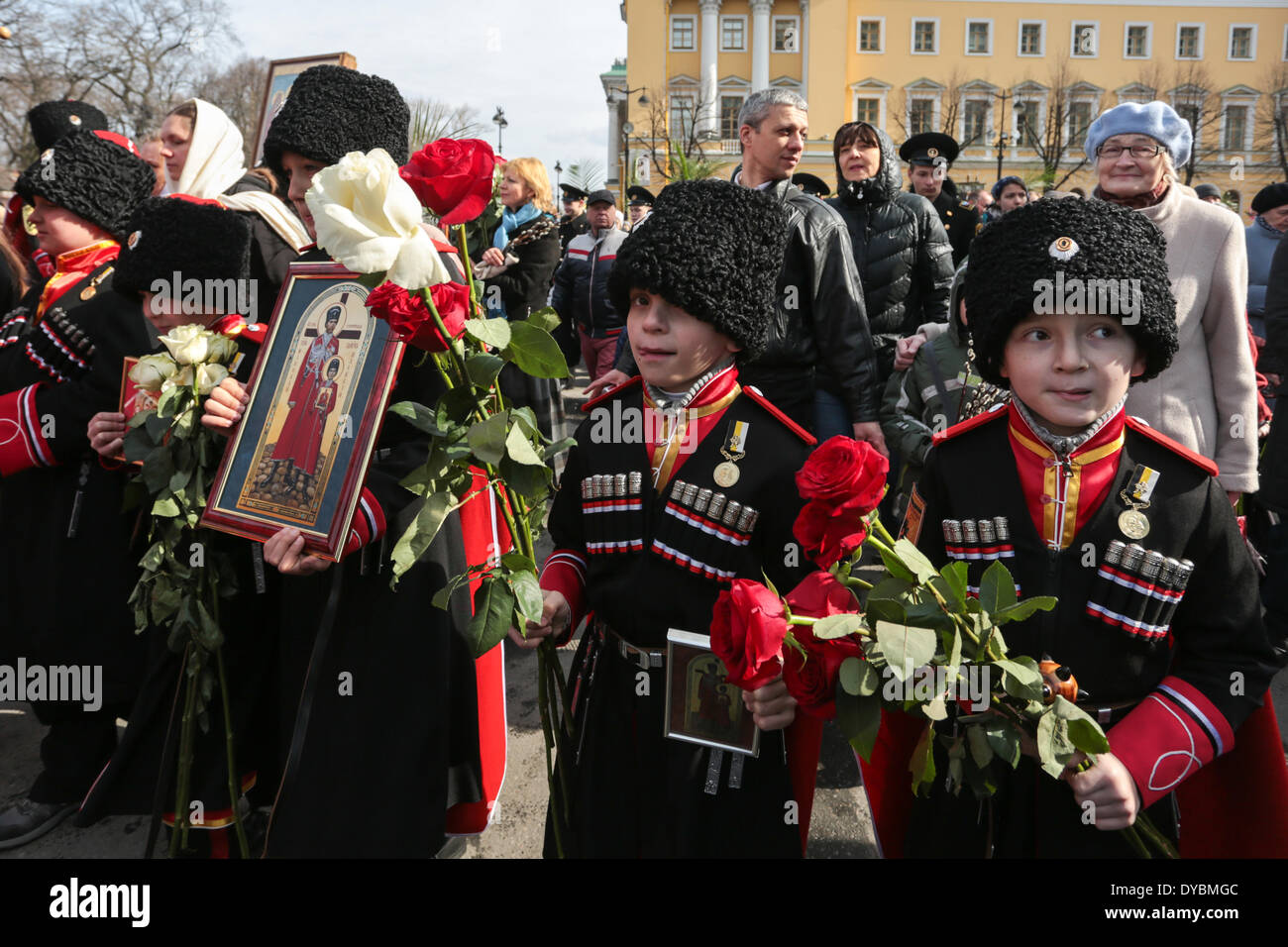 St. Petersburg, Russia - April 13, 2014: Children wearing the cossacks ...