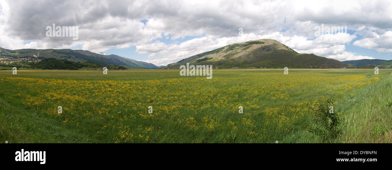 Abruzzo, Italy - June 12, 2012: panorama landscape of flowery plain ...