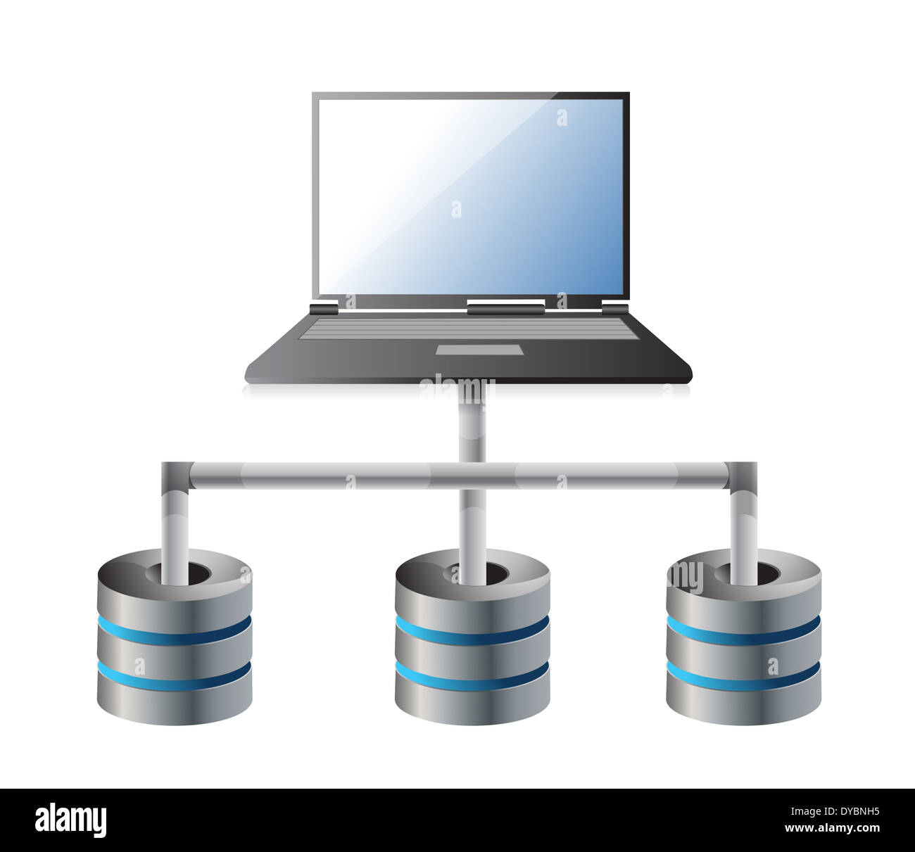 laptop connected to several servers illustration design over white ...