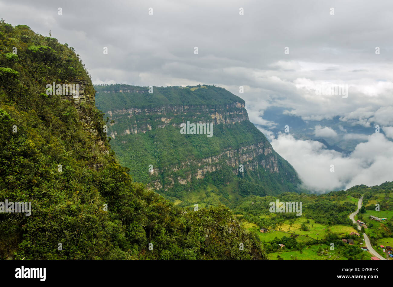 Dramatic view of forest covered cliffs with a valley far below Stock ...