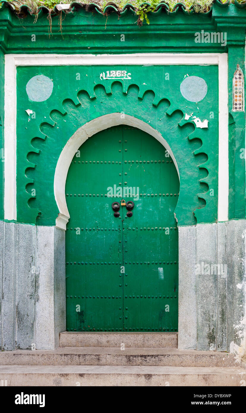 Green gate of ancient mosque in Medina. Tangier, Morocco Stock Photo ...