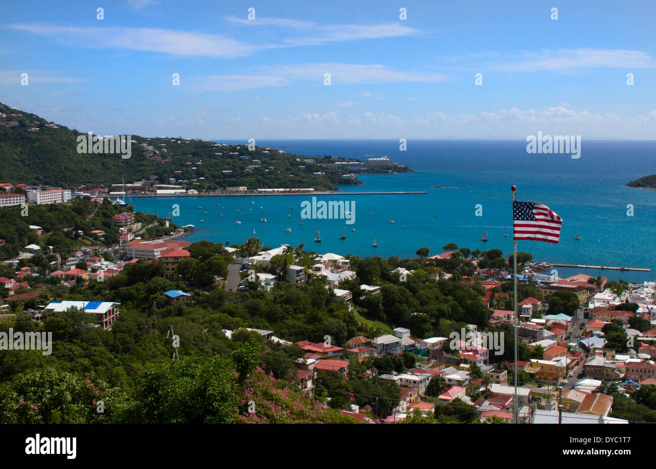 view of bay and American flag in St Thomas, US Virgin Islands Stock ...