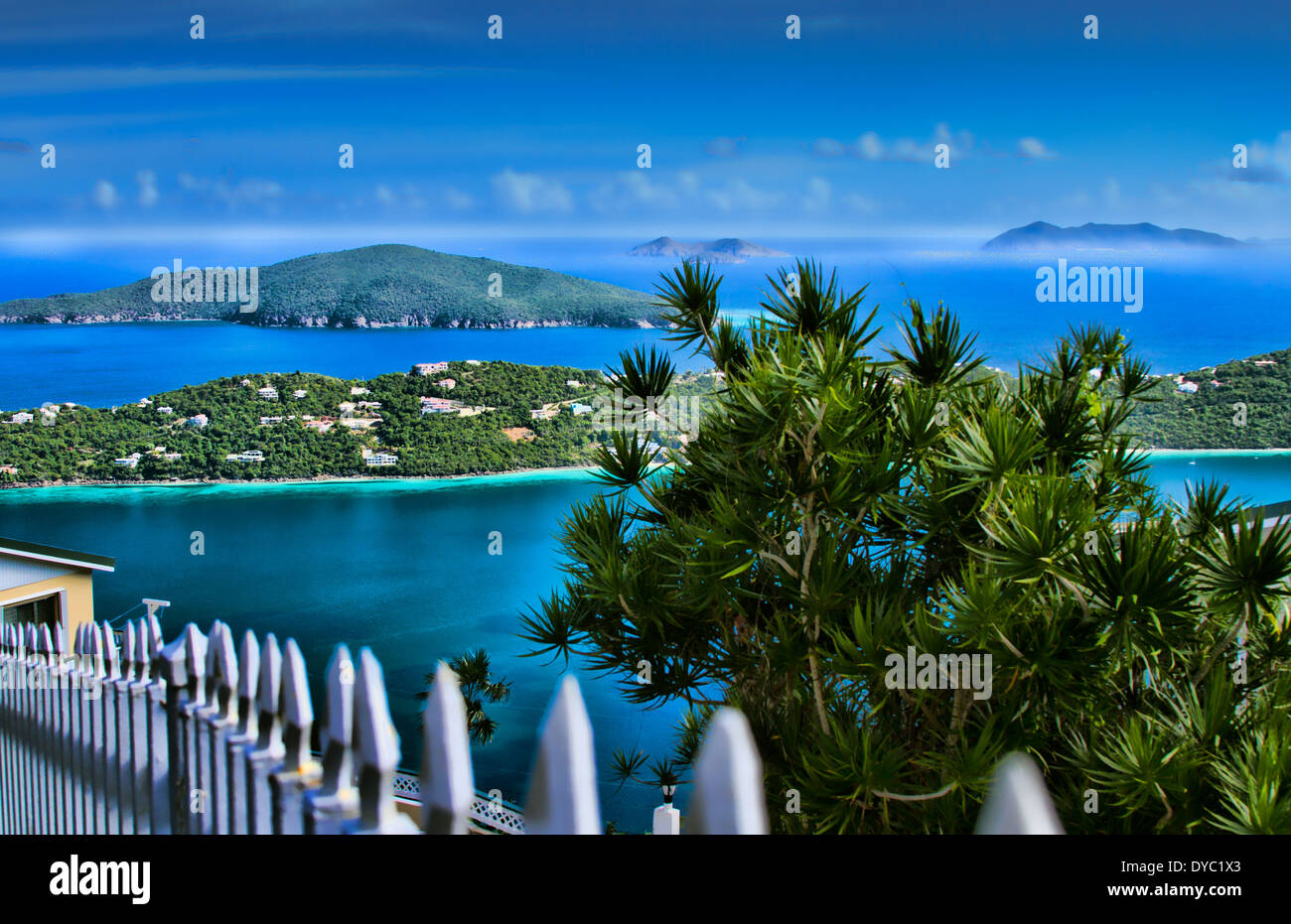 ocean view of Atlantic Ocean with white picket fence in St Thomas, US ...