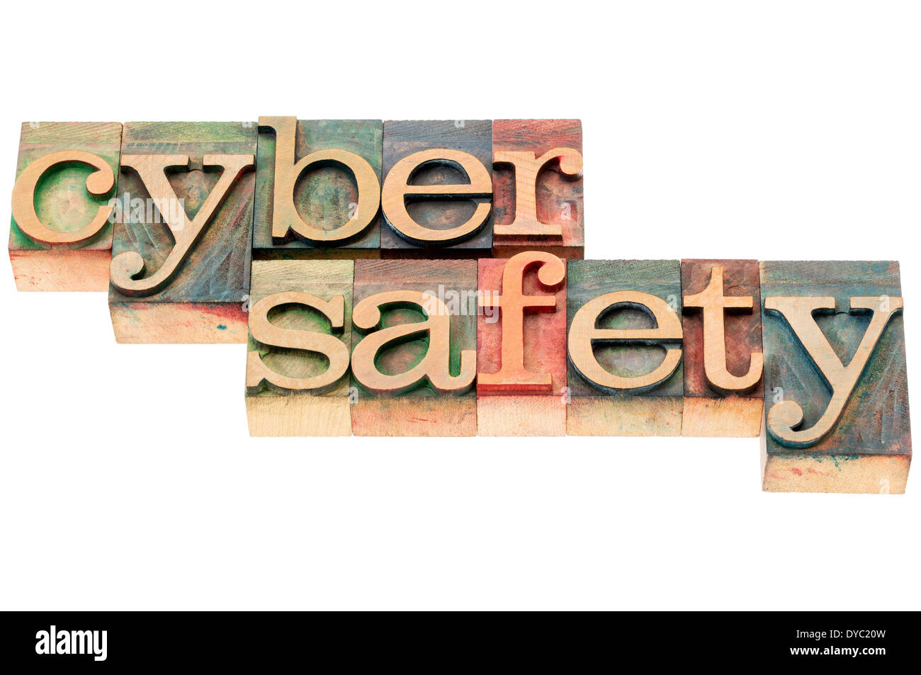 cyber safety words - isolated text in letterpress wood type stained by ...