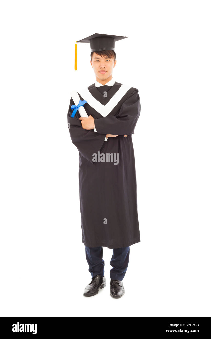 Full length of happy graduating student in studio Stock Photo - Alamy