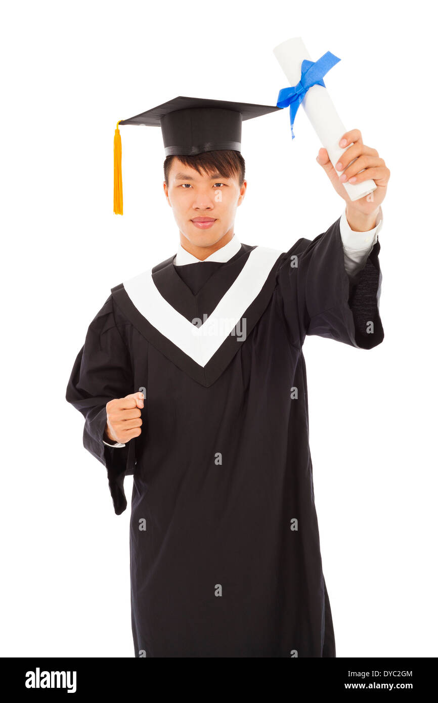 happy graduating student holding diploma over white background Stock ...