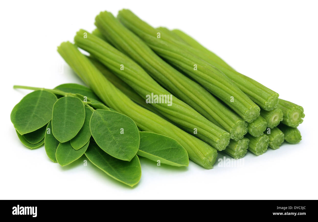 Sliced Moringa Oleifera or sonjna with leaves over white background ...