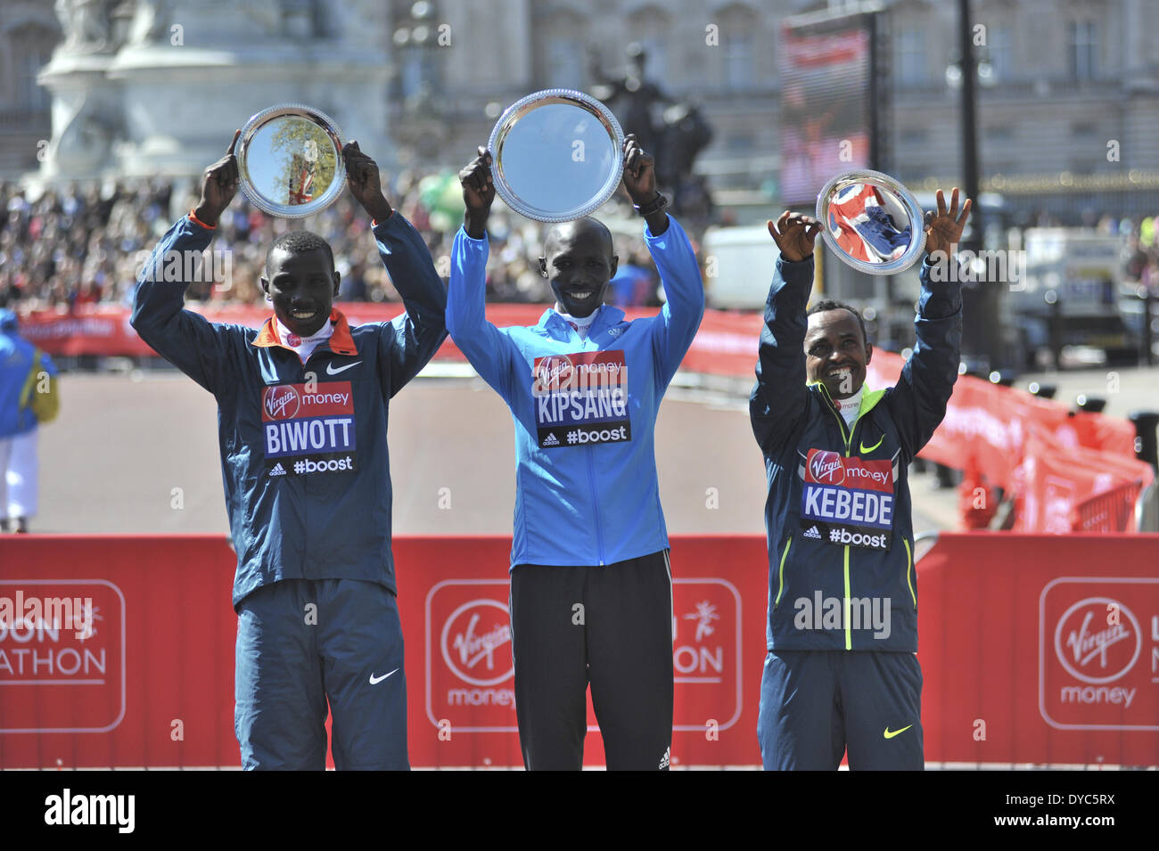Men's Virgin London Marathon winners reciveing their trophies after the ...