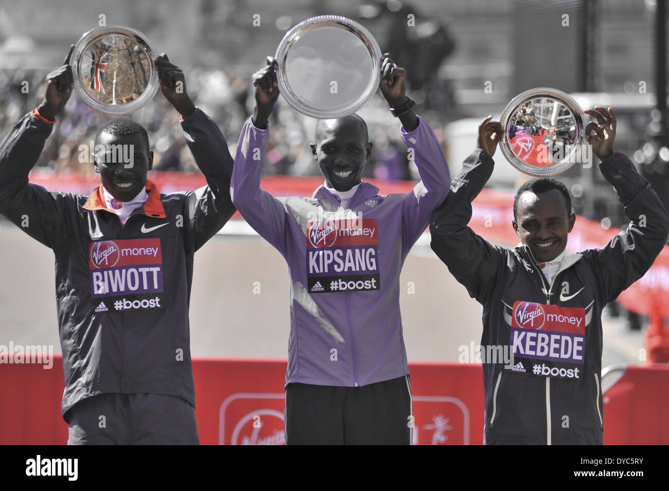 Men's Virgin London Marathon winners reciveing their trophies after the ...