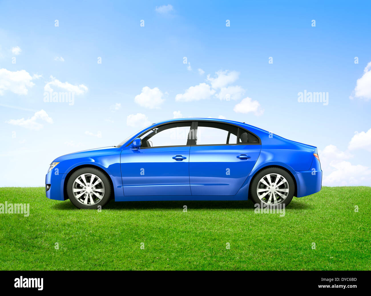 Blue 3D Car On Grass Stock Photo - Alamy