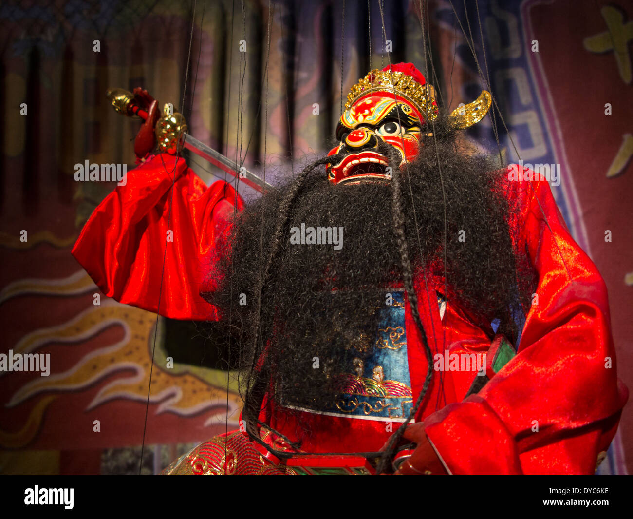 A Chinese marionette puppet hangs from the ceiling at the Puppetry Art ...