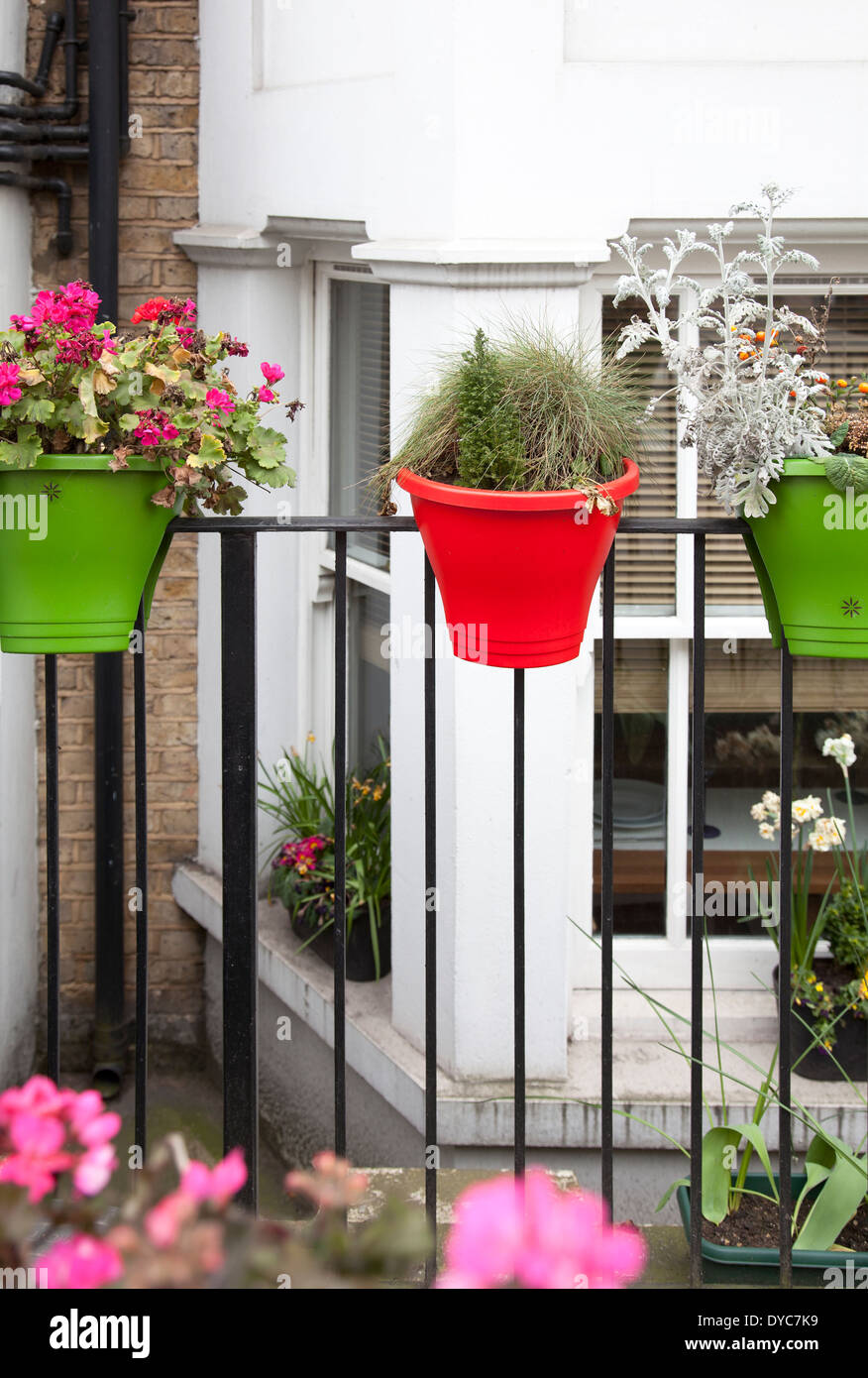 Plastic Pots with split Sitting on Home Fence - London SW11 - UK Stock ...