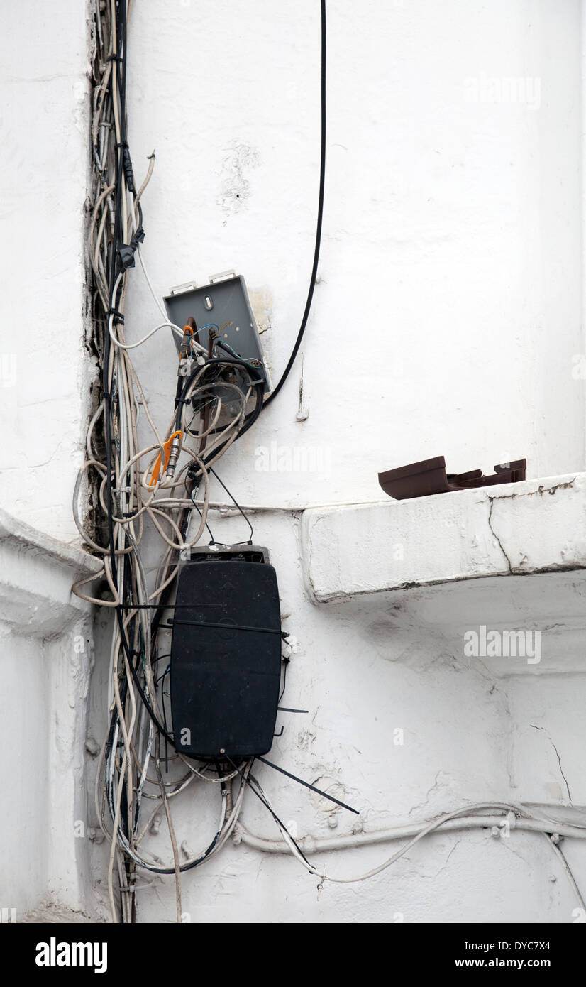 Exposed Communications Cables on London Wall exterior - UK Stock Photo ...