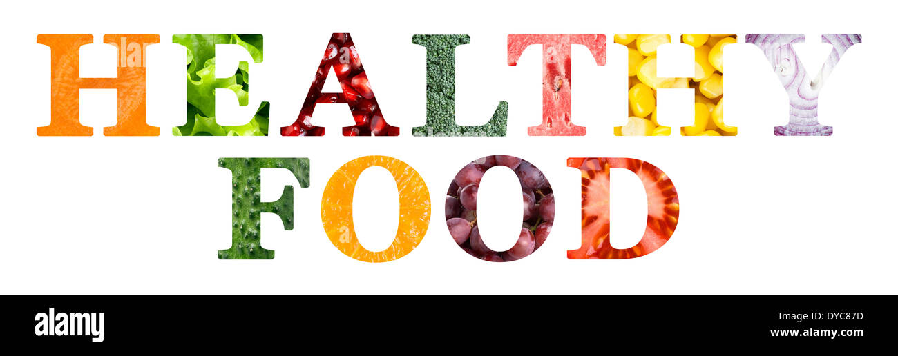 Healthy food word text on white background Stock Photo - Alamy