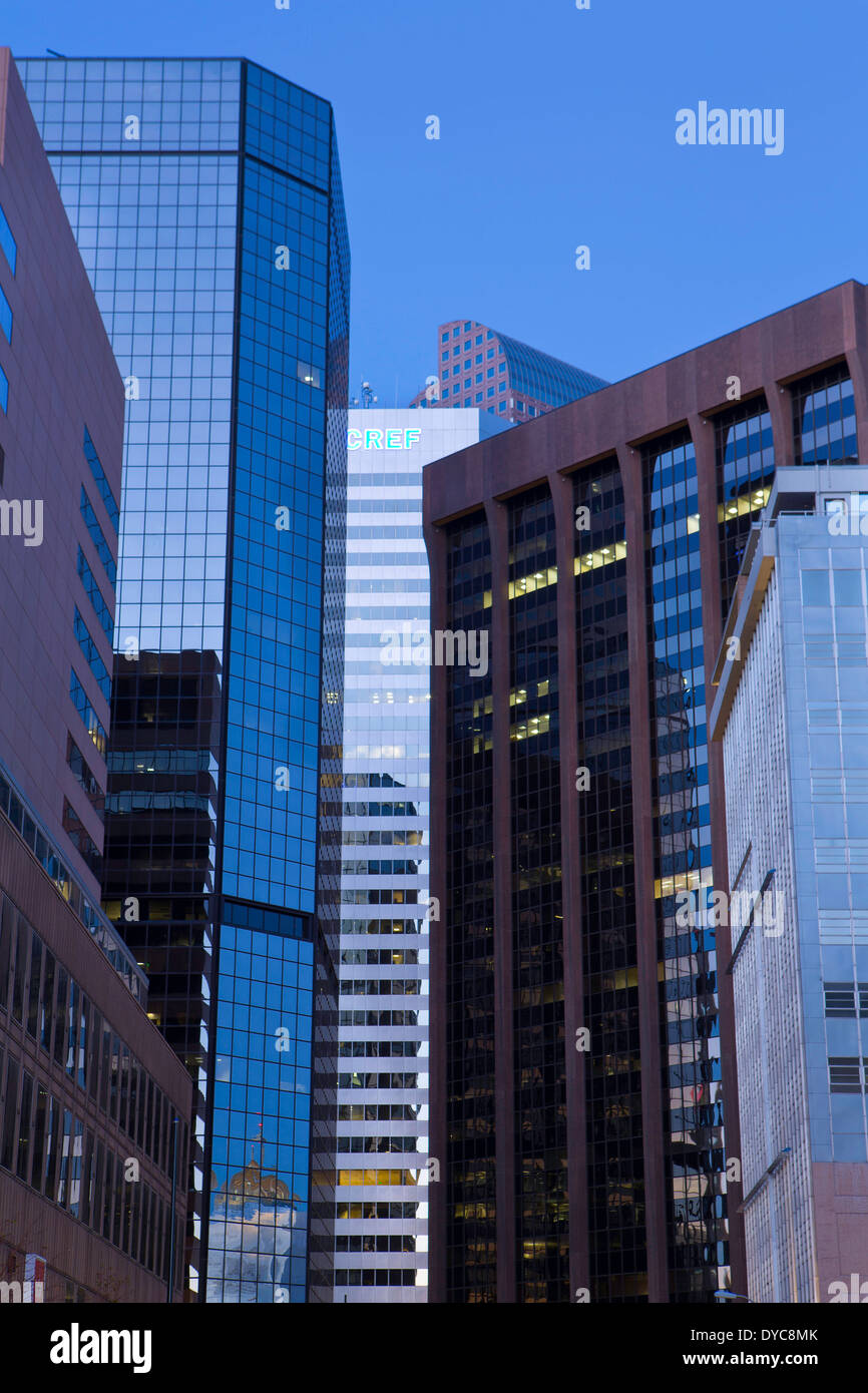 A perspective street view of downtown Denver at dusk. Denver, Colorado ...