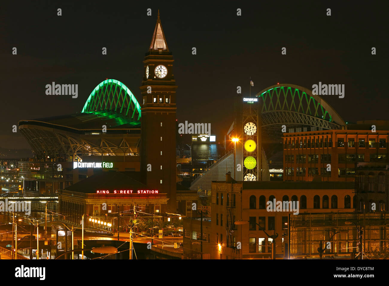 King Street Station in downtown Seattle, Washington at night. USA Stock ...