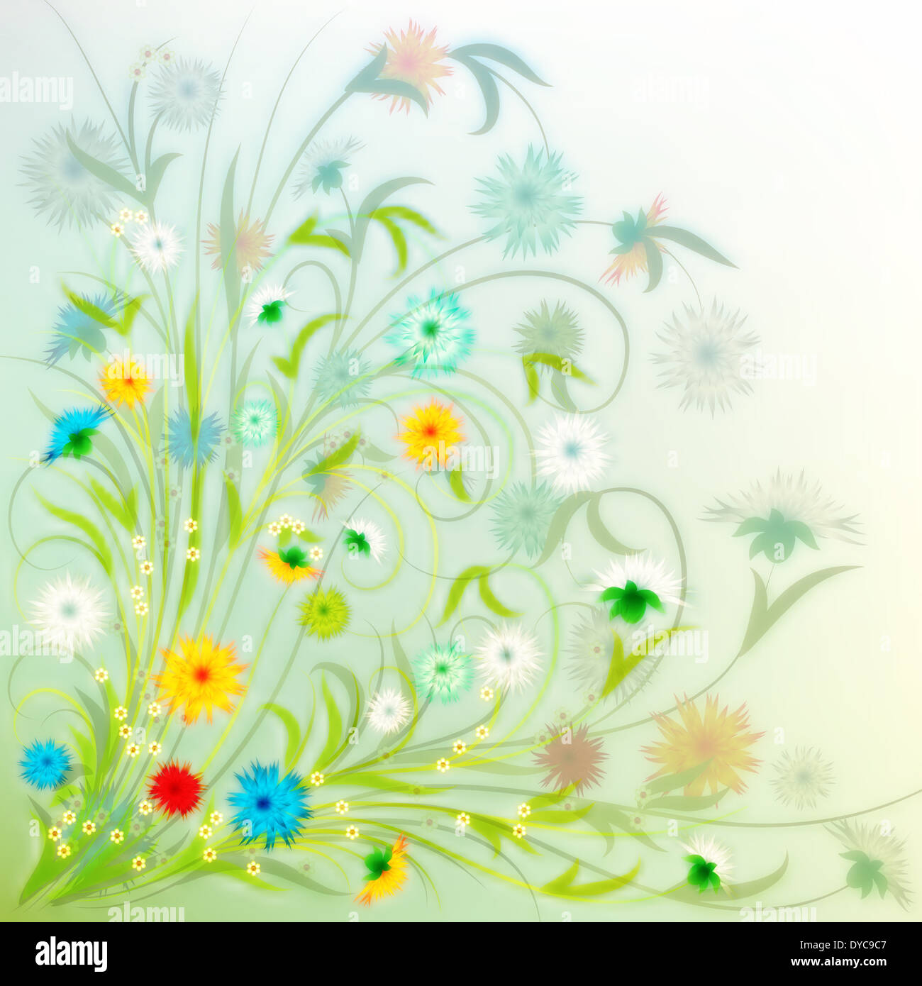 abstract floral illustration with spring flowers on green Stock Photo ...