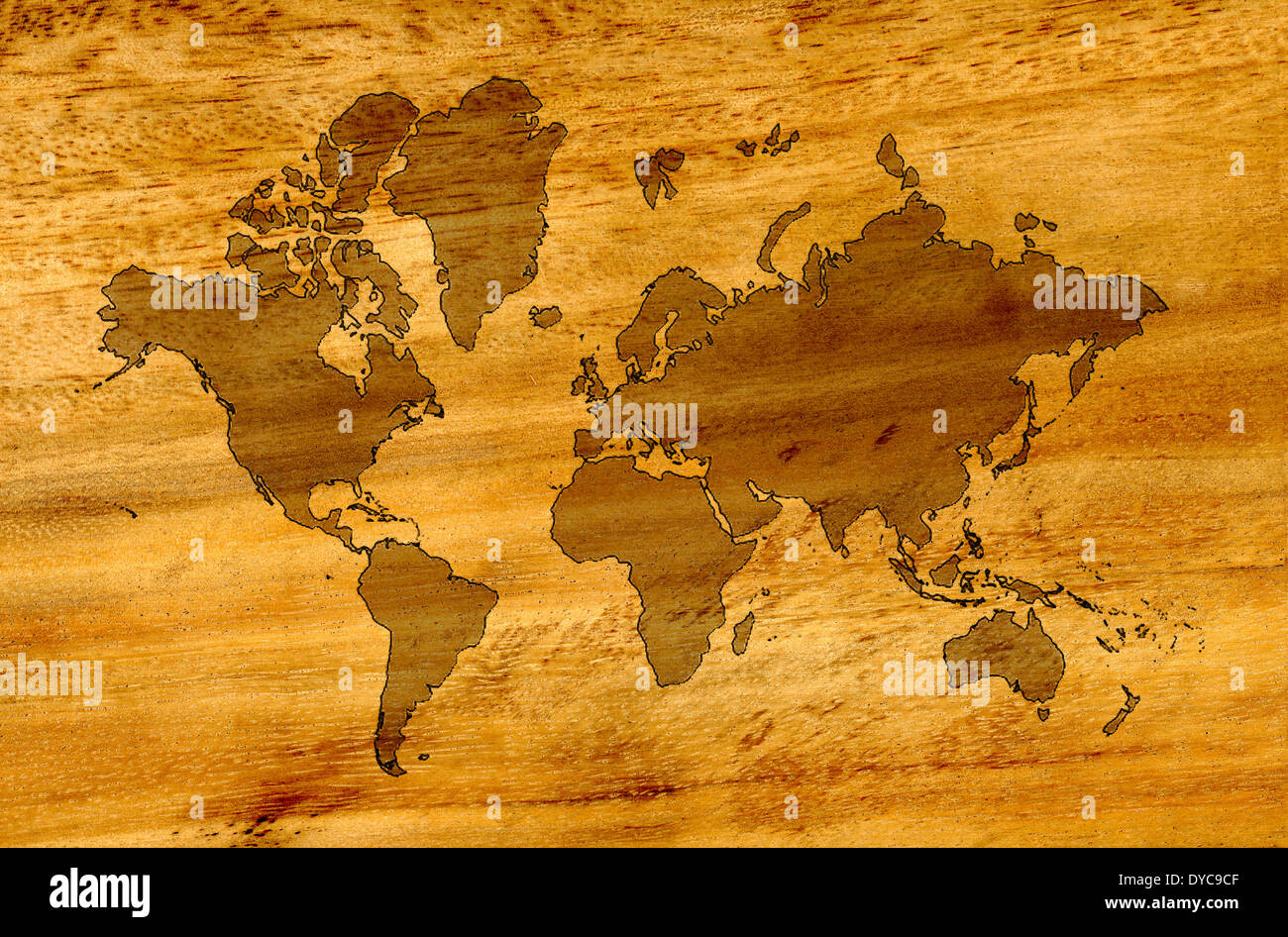 A map of the world on an Acacia wood background Stock Photo - Alamy