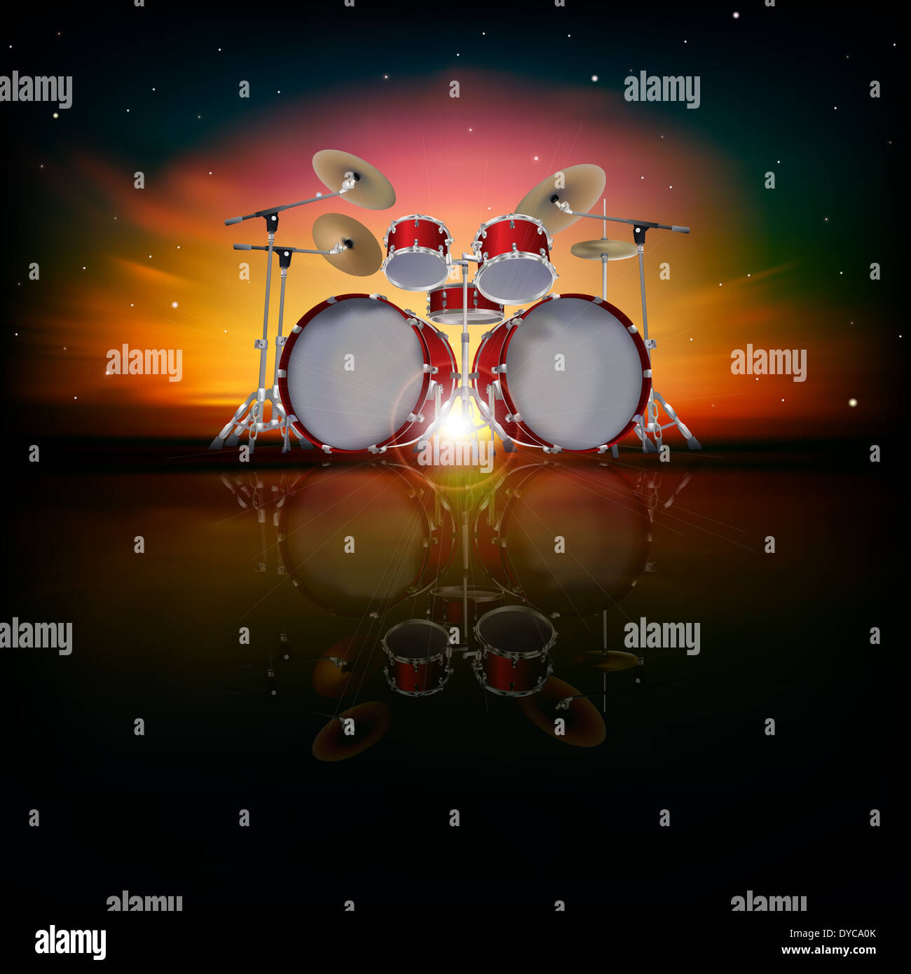 abstract music background with drum kit and red sky Stock Photo - Alamy