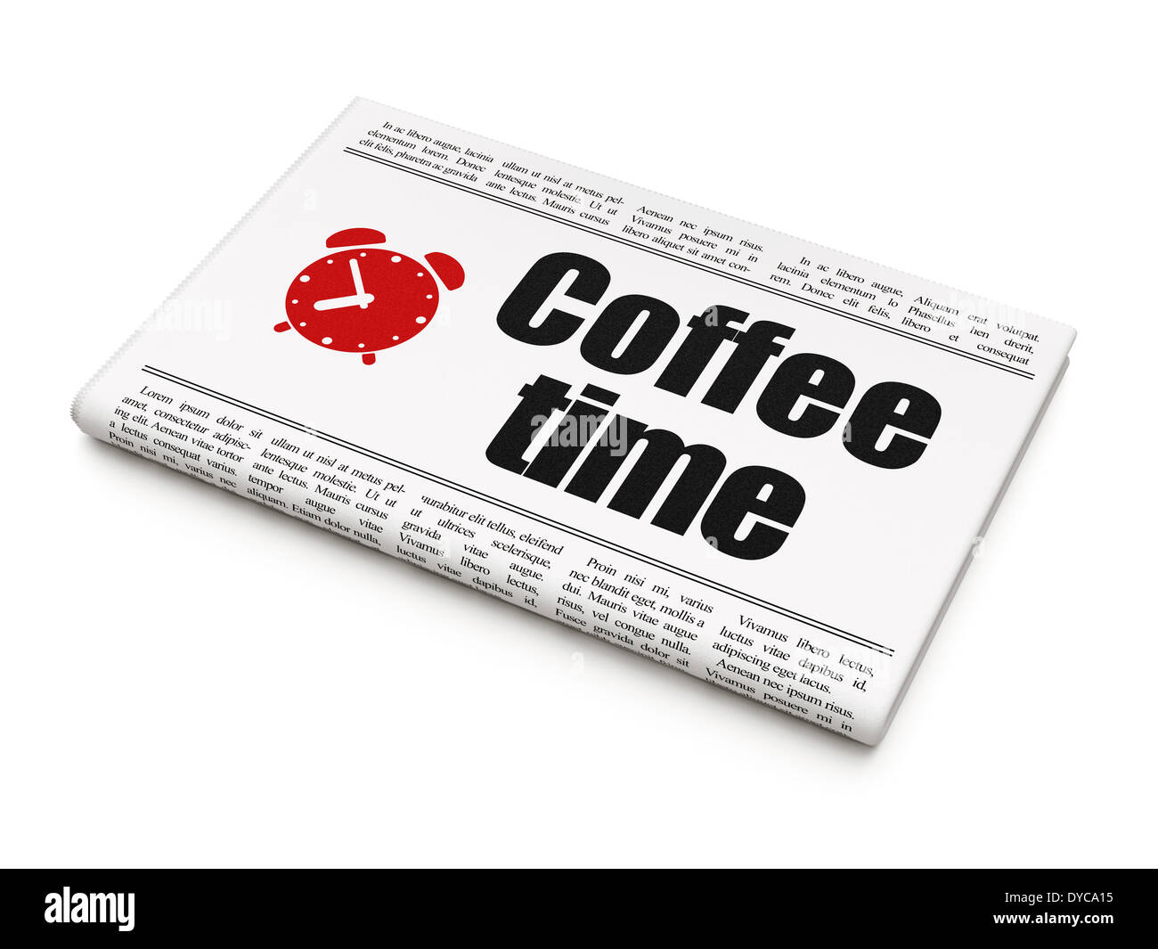 Timeline concept: newspaper with Coffee Time and Alarm Clock Stock ...