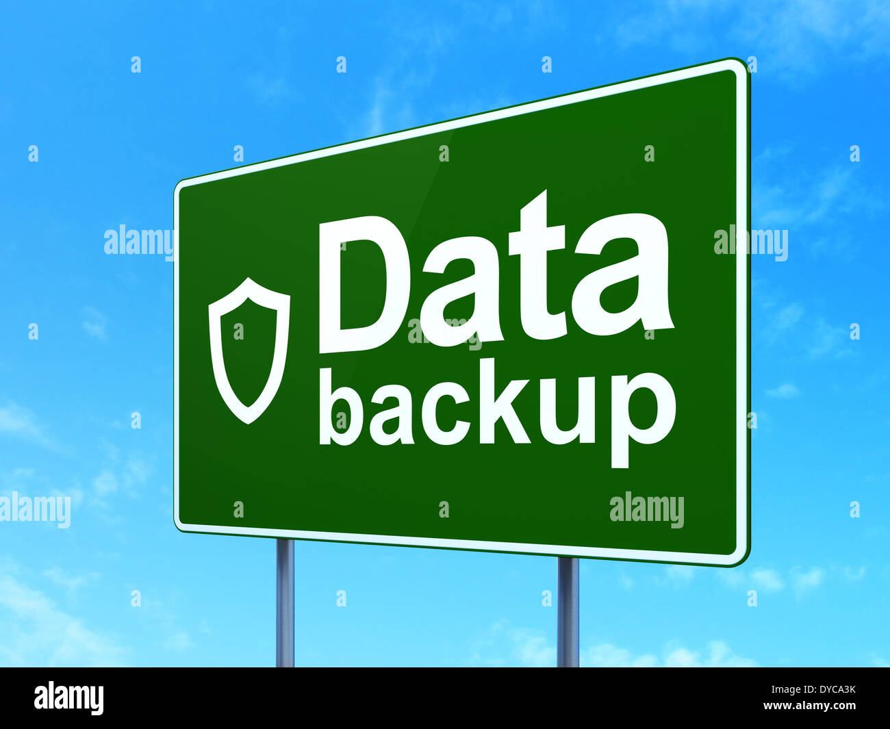 Information concept: Data Backup and Contoured Shield on road sign ...