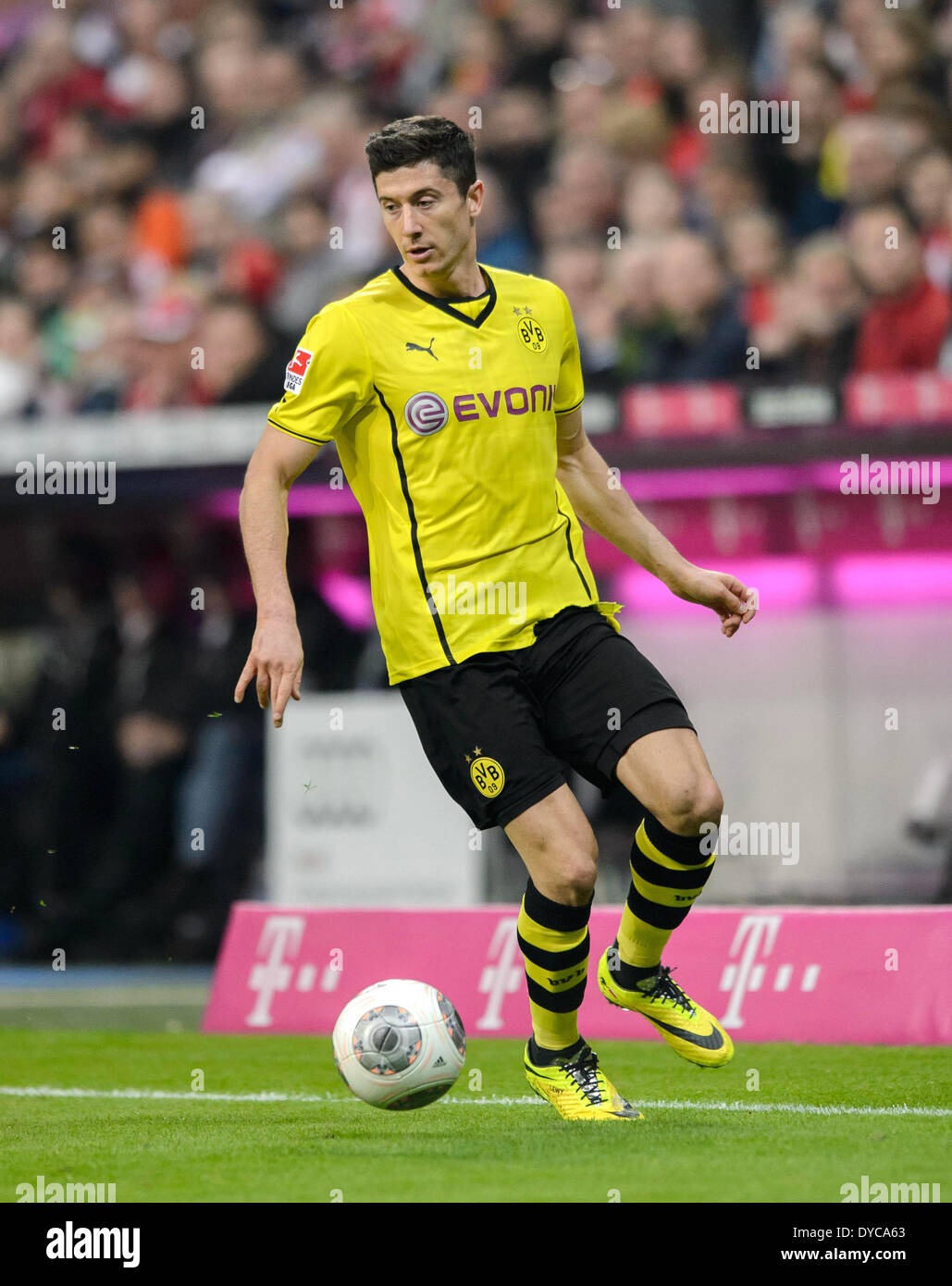 Munich, Germany. 12th Apr, 2014. Dortmund's Robert Lewandowski plays ...