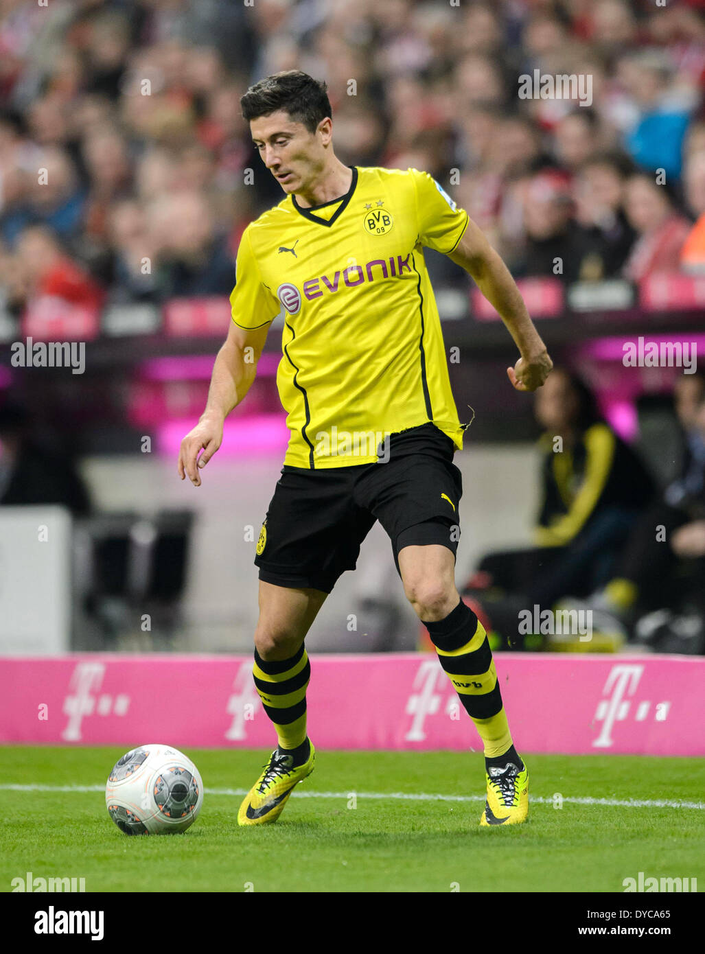 Munich, Germany. 12th Apr, 2014. Dortmund's Robert Lewandowski plays ...