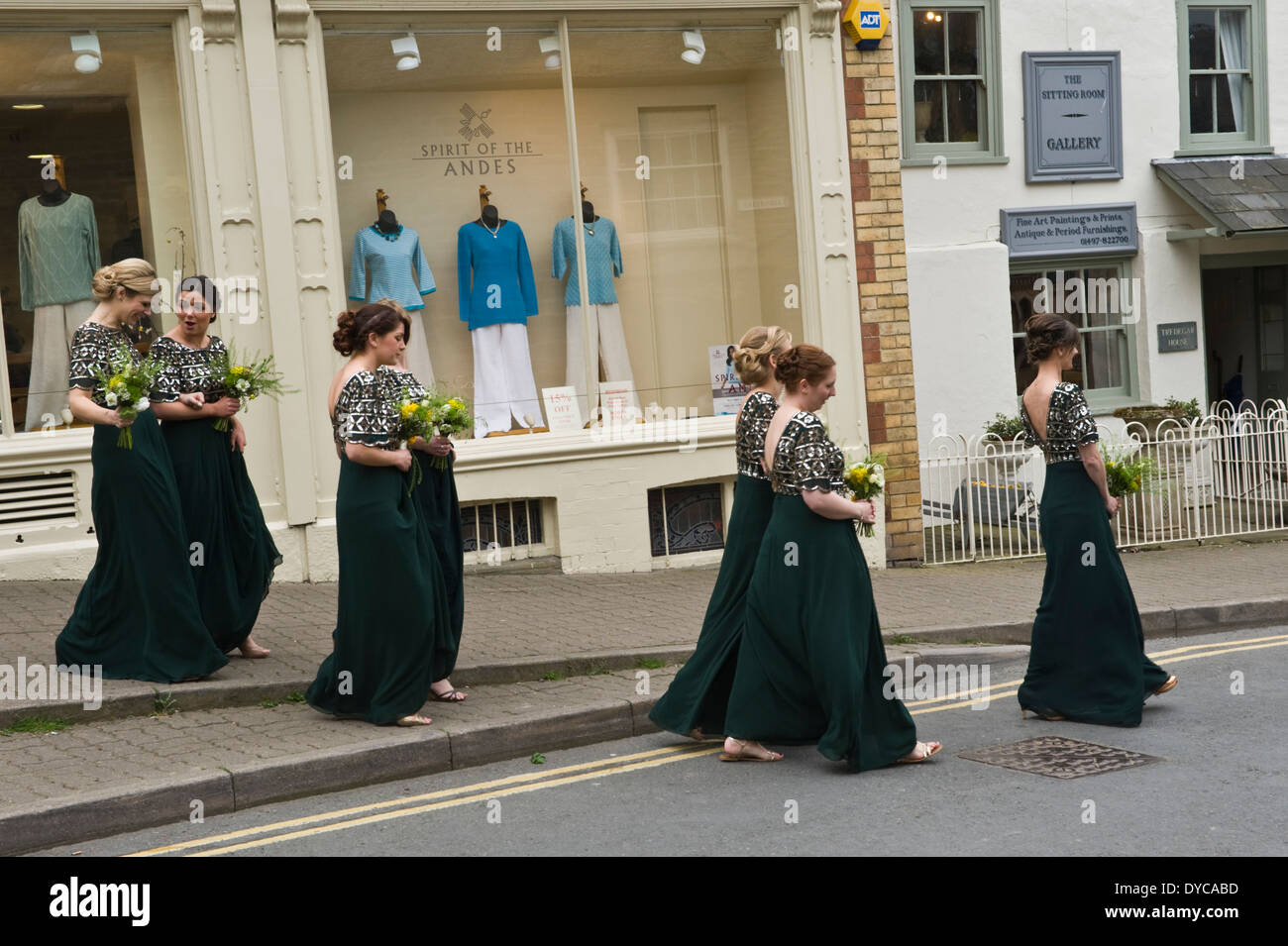 Bridesmaids walking in wedding procession through Hay-on-Wye Powys ...