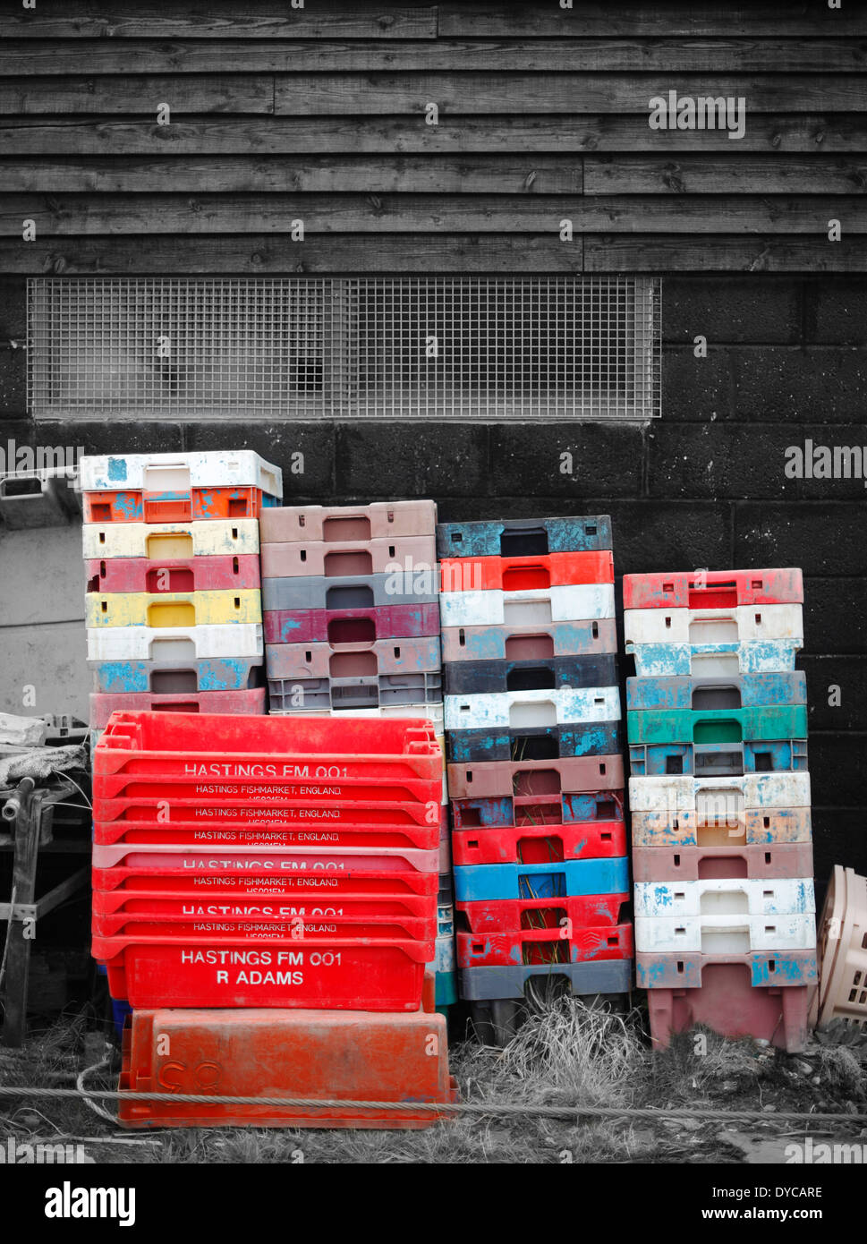 Pile of fishing crates Stock Photo - Alamy