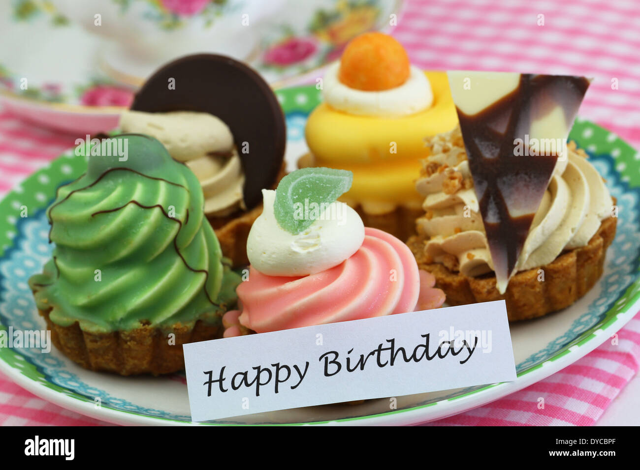 Happy Birthday card with selection of cream cakes Stock Photo - Alamy