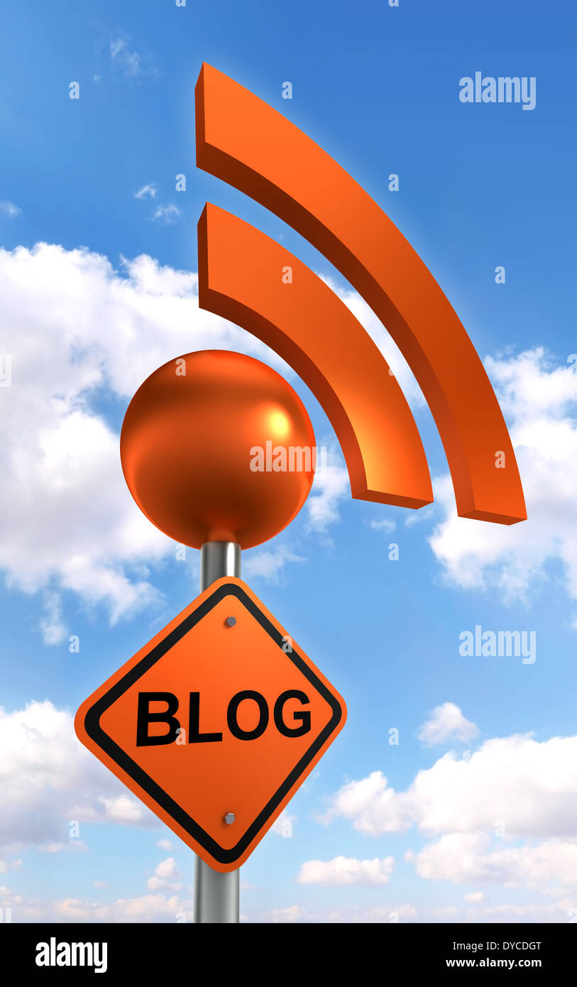 blog sign orange black with rss symbol on sky background. clipping path ...